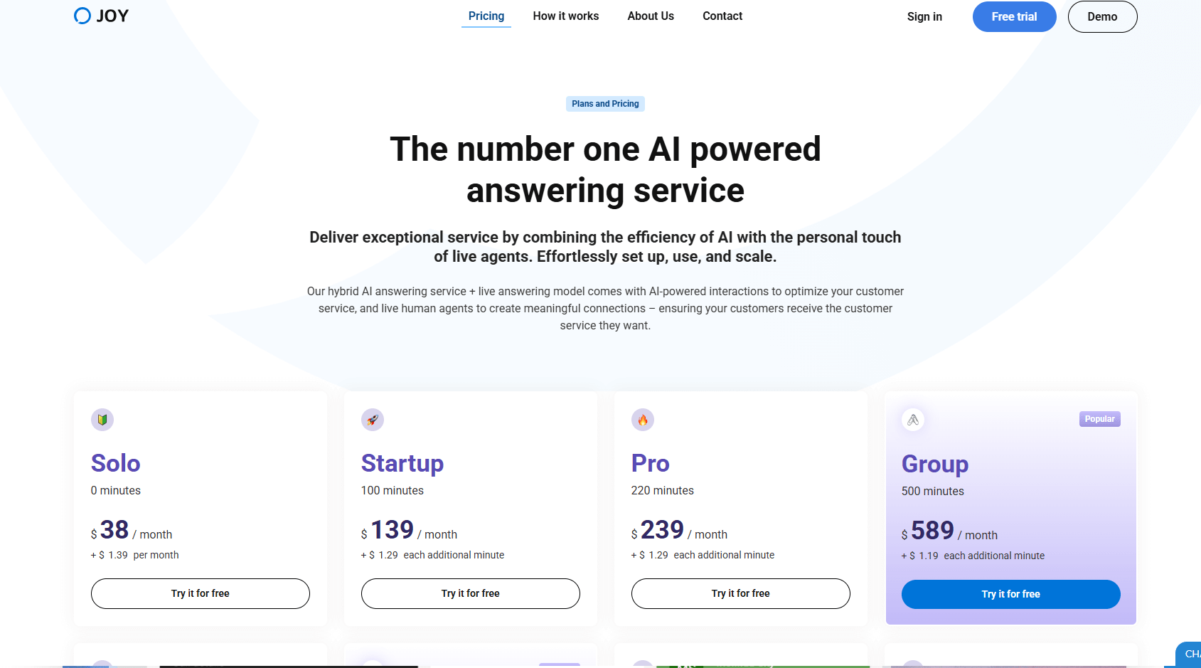 Joy AI Answering Service Pricing | Plans starting from $44/month
